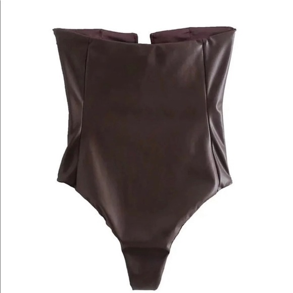 Tops | Nwt Indefeir Studios Faux Brown Leather Bodysuit Size M | Poshmark